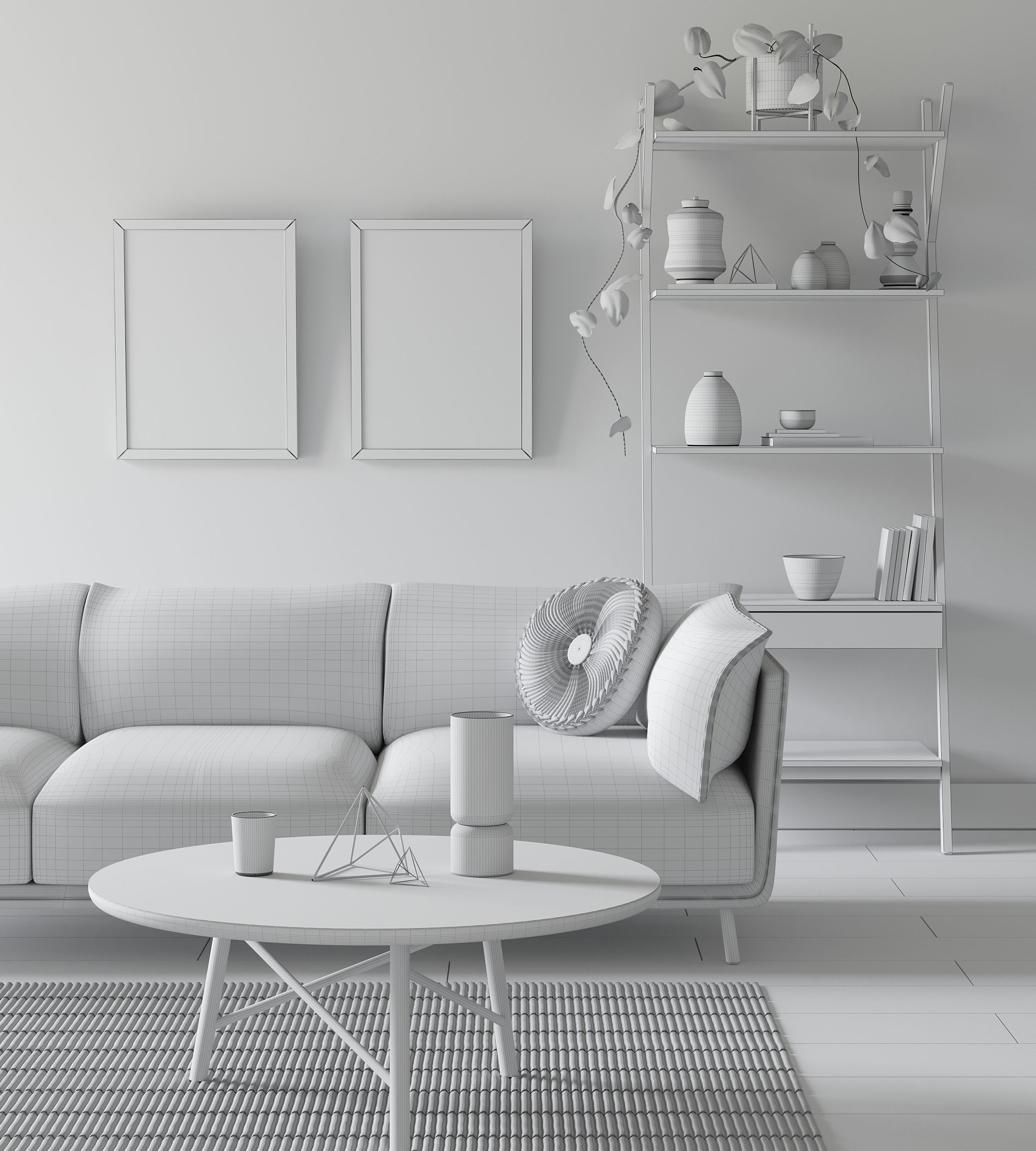 Realistic Interior Living Room with Accessories - Boho Wall 3D model ...