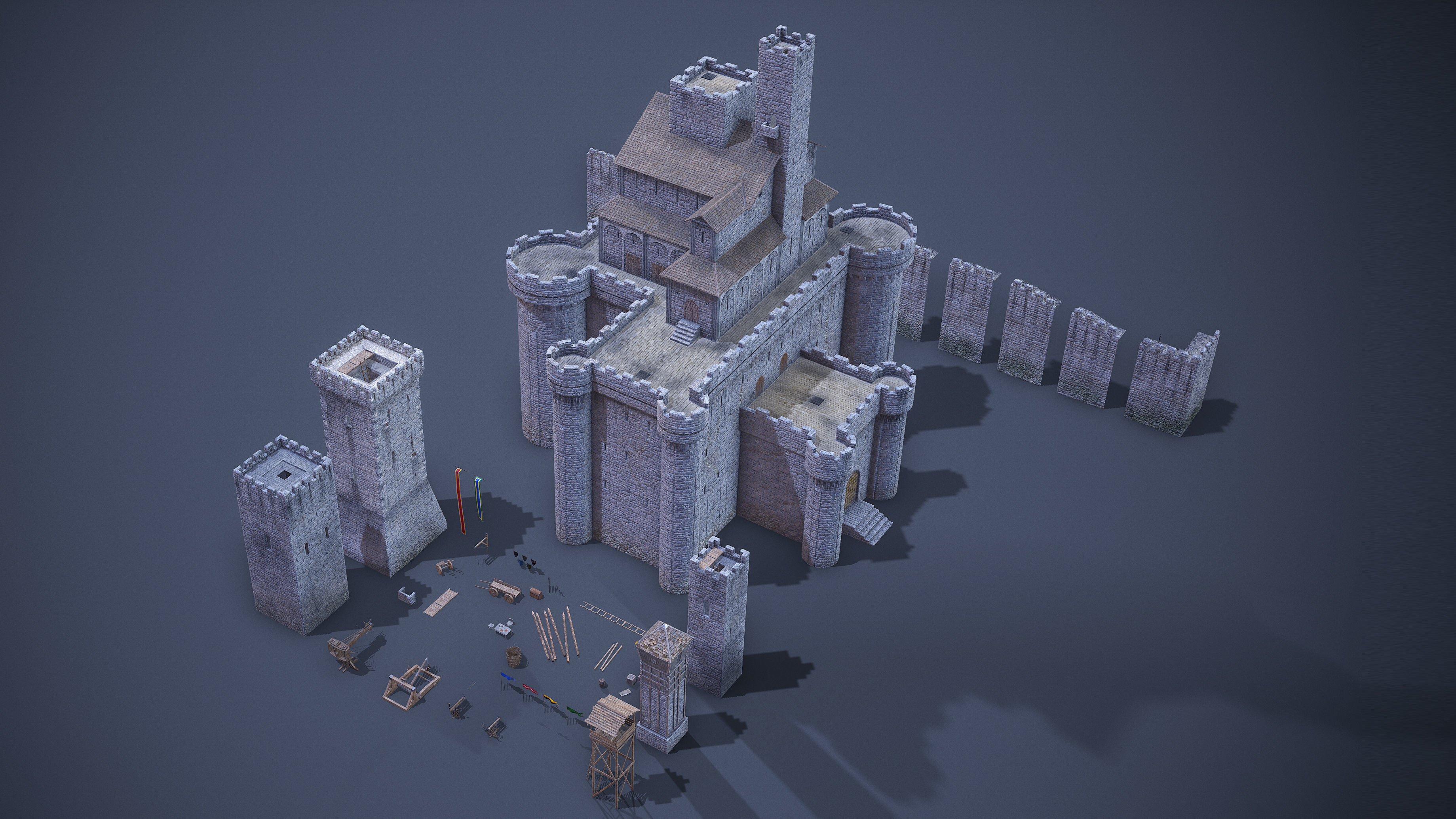 3D model Top-Down Medieval Castle VR / AR / low-poly rigged animated ...