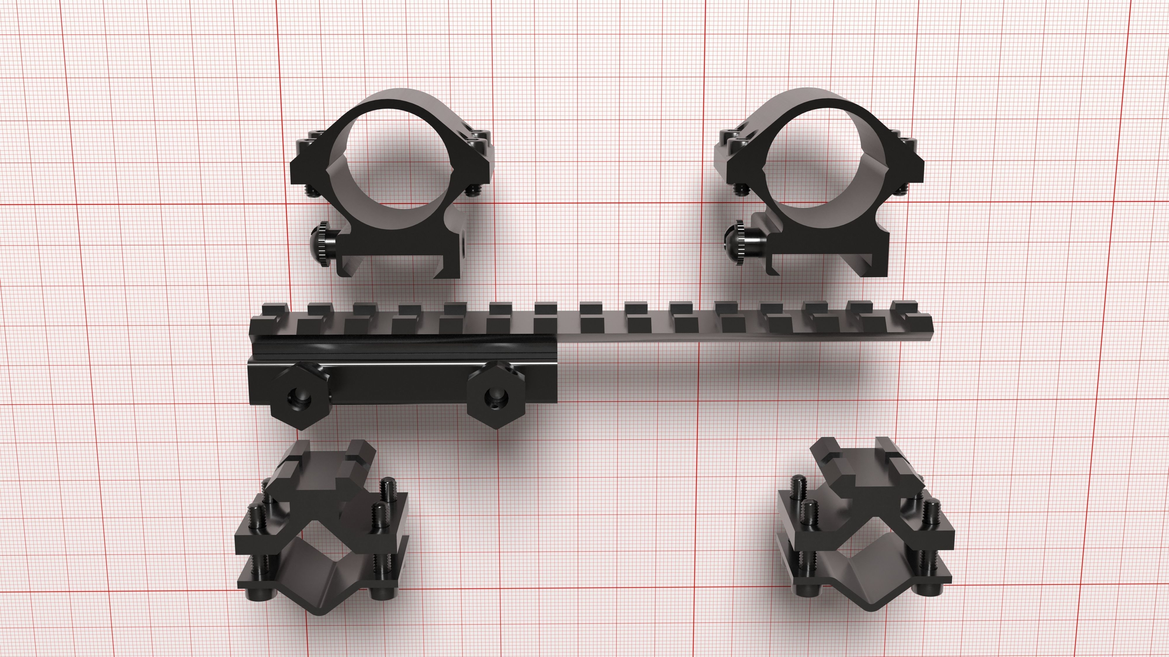 3D model Optic mounts KP-T2002 and Picatinny rail Y0032-B VR / AR / low ...