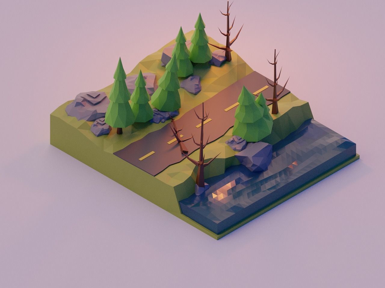 3D model Low poly road with trees and water VR / AR / low-poly | CGTrader