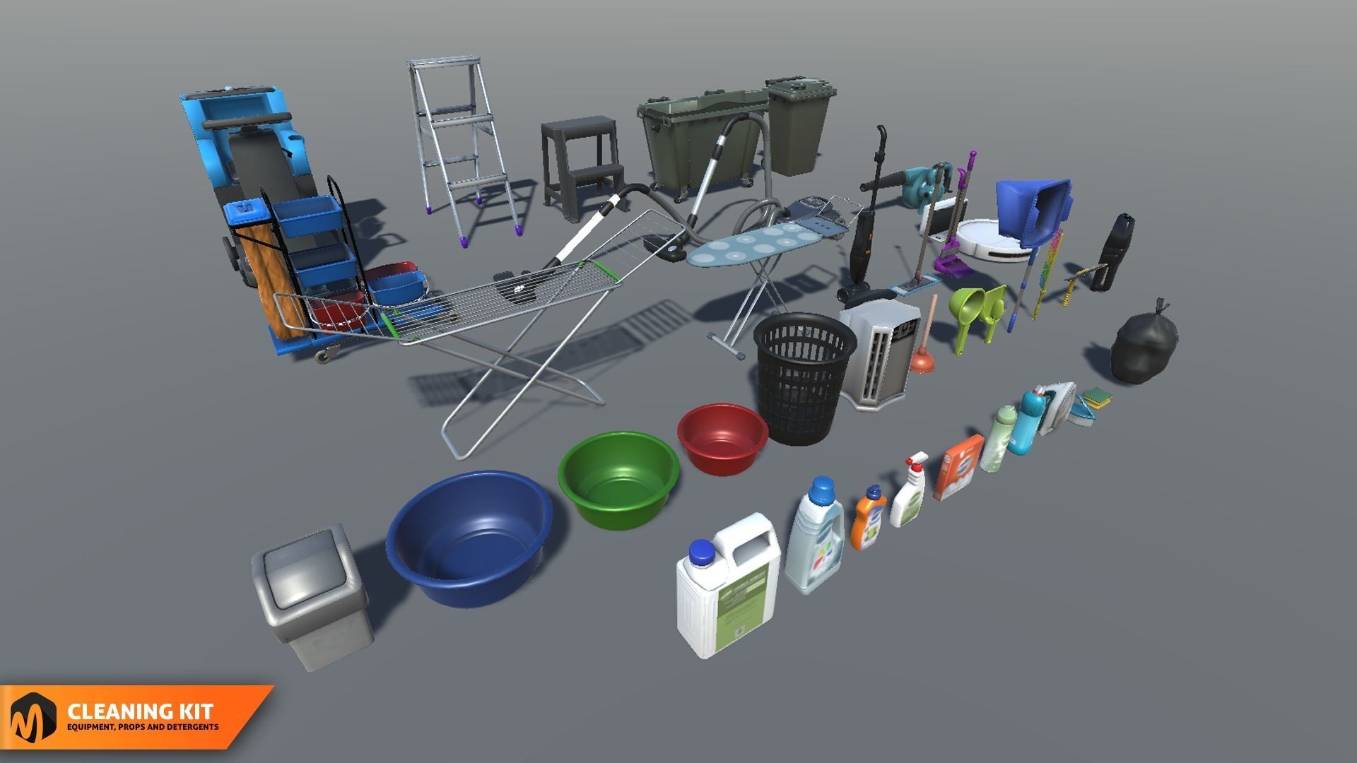 Cleaning kit - equipment props and detergents 3D model | CGTrader