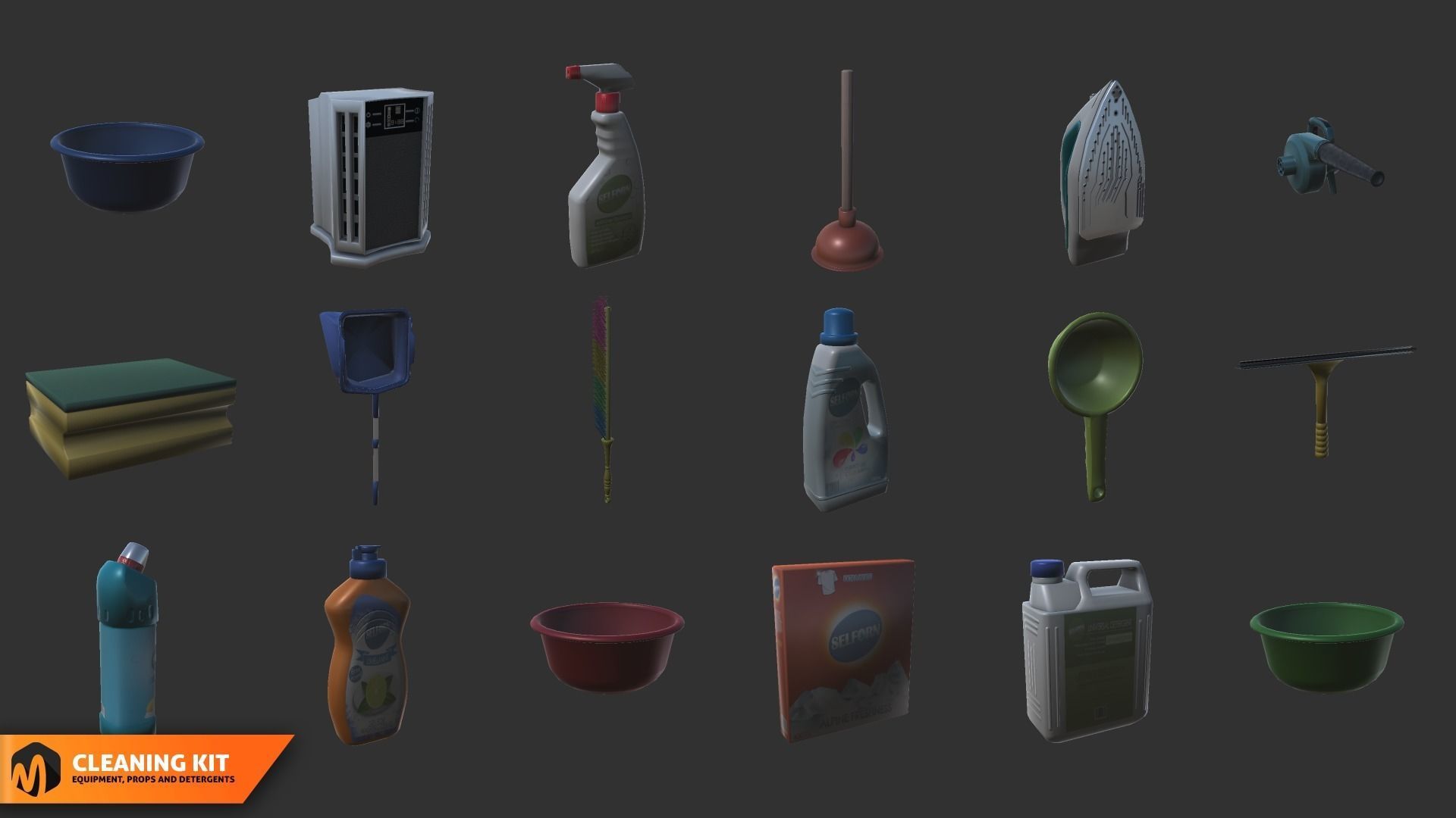 Cleaning kit - equipment props and detergents 3D model | CGTrader