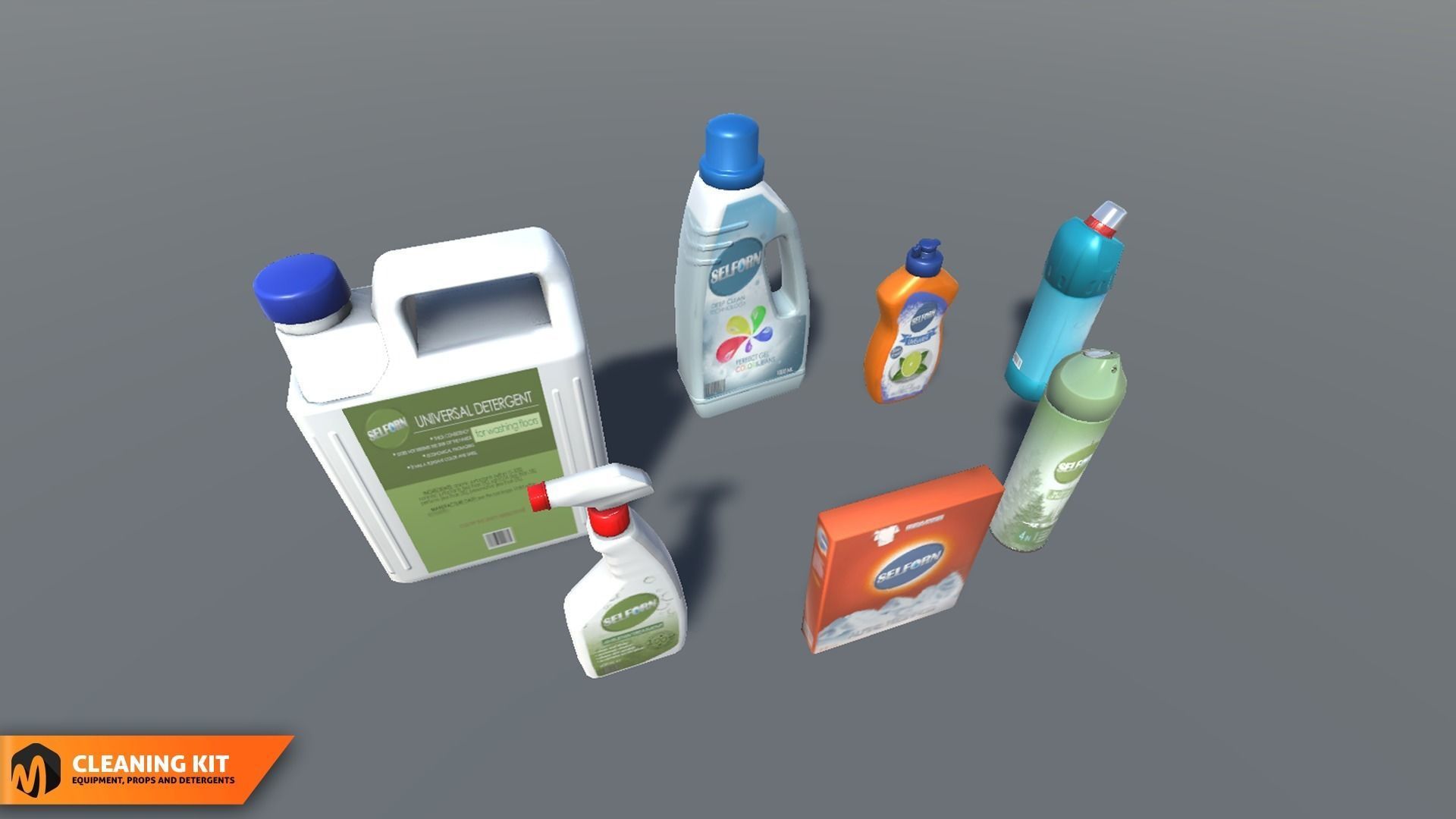 Cleaning kit - equipment props and detergents 3D model | CGTrader