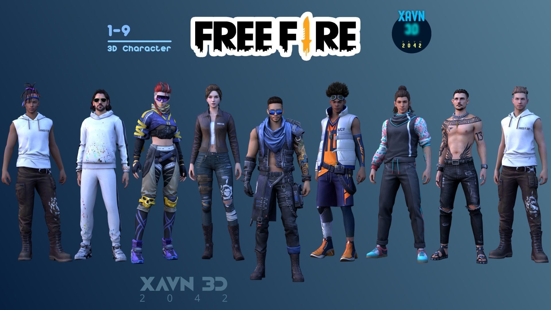 3D model FreeFire group of free fire characters VR / AR / low-poly ...