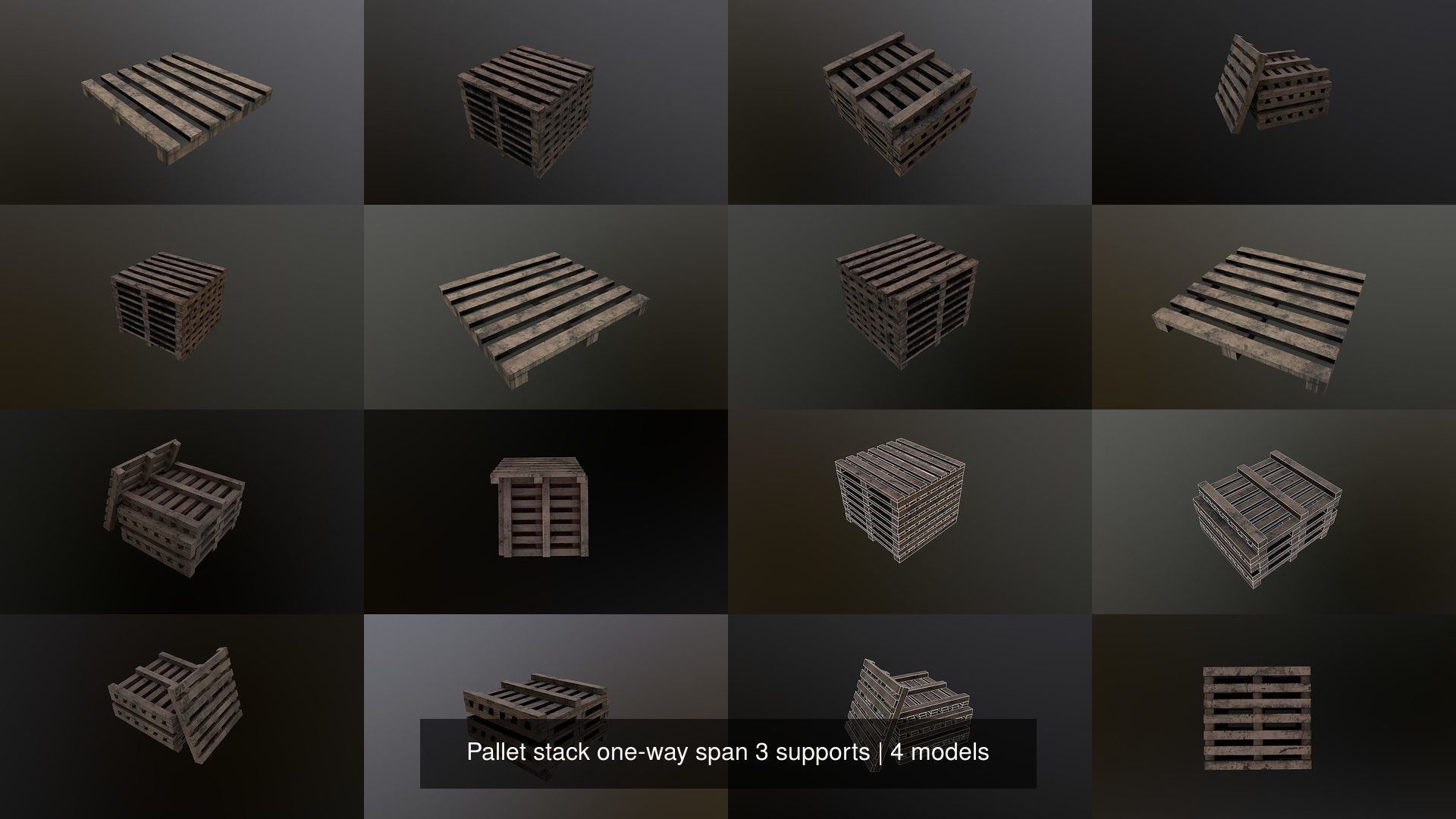 3D Model Collection Pallet stack one-way span 3 supports VR / AR / low ...