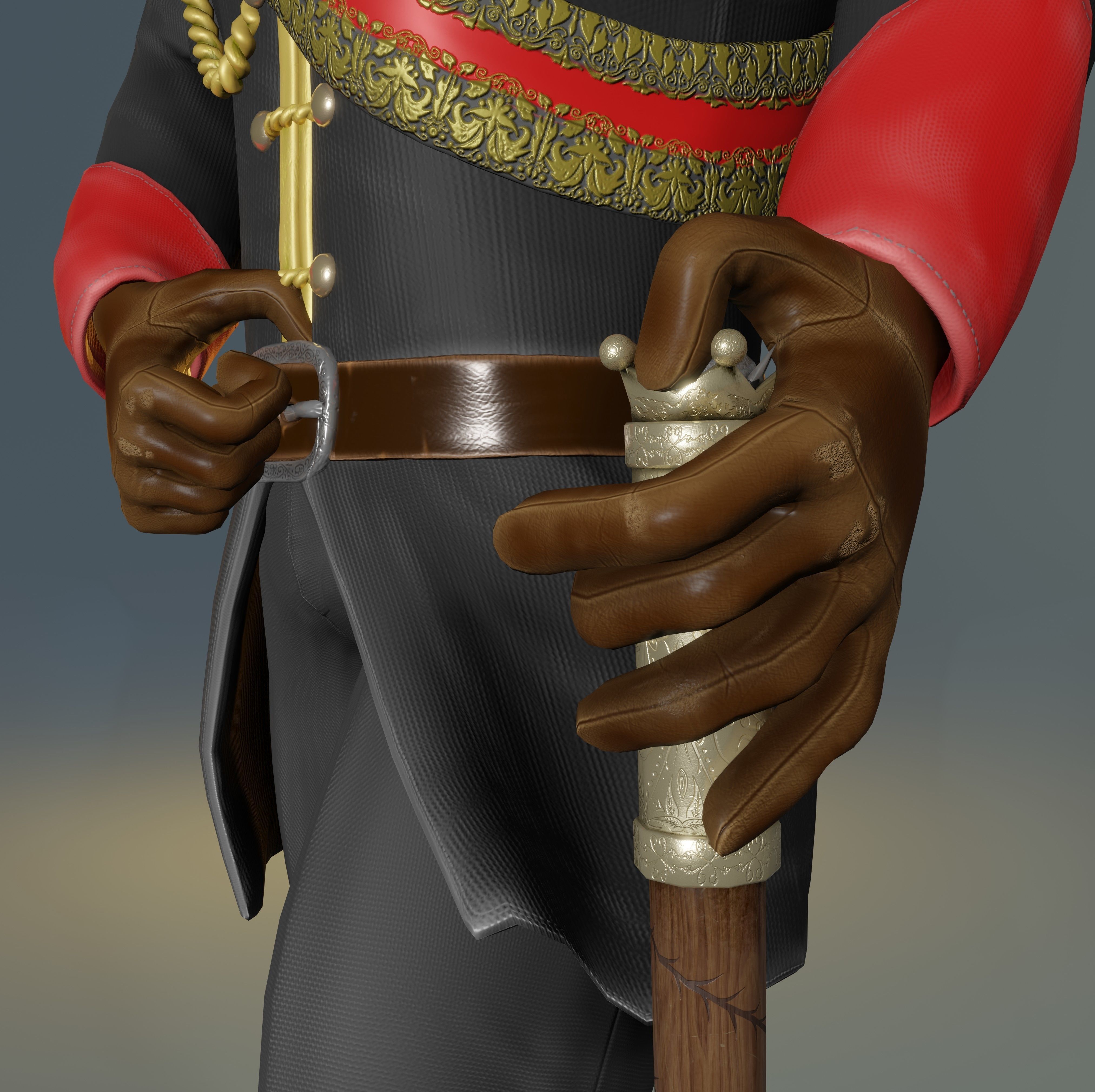 3D model Fighter prince with golden ceremonial medal and wooden cane VR ...