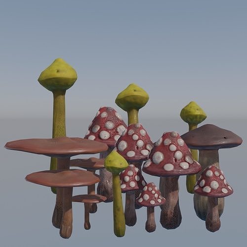 3D model Set of 4 realistic low-poly game-ready mushrooms VR / AR / low ...