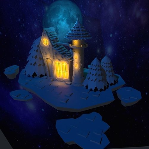 space castle on island in night sky 3D model | CGTrader