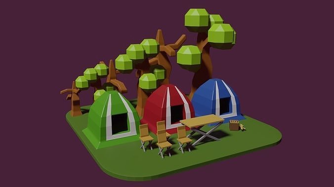 Camping set of tents and trees free 3D model | CGTrader