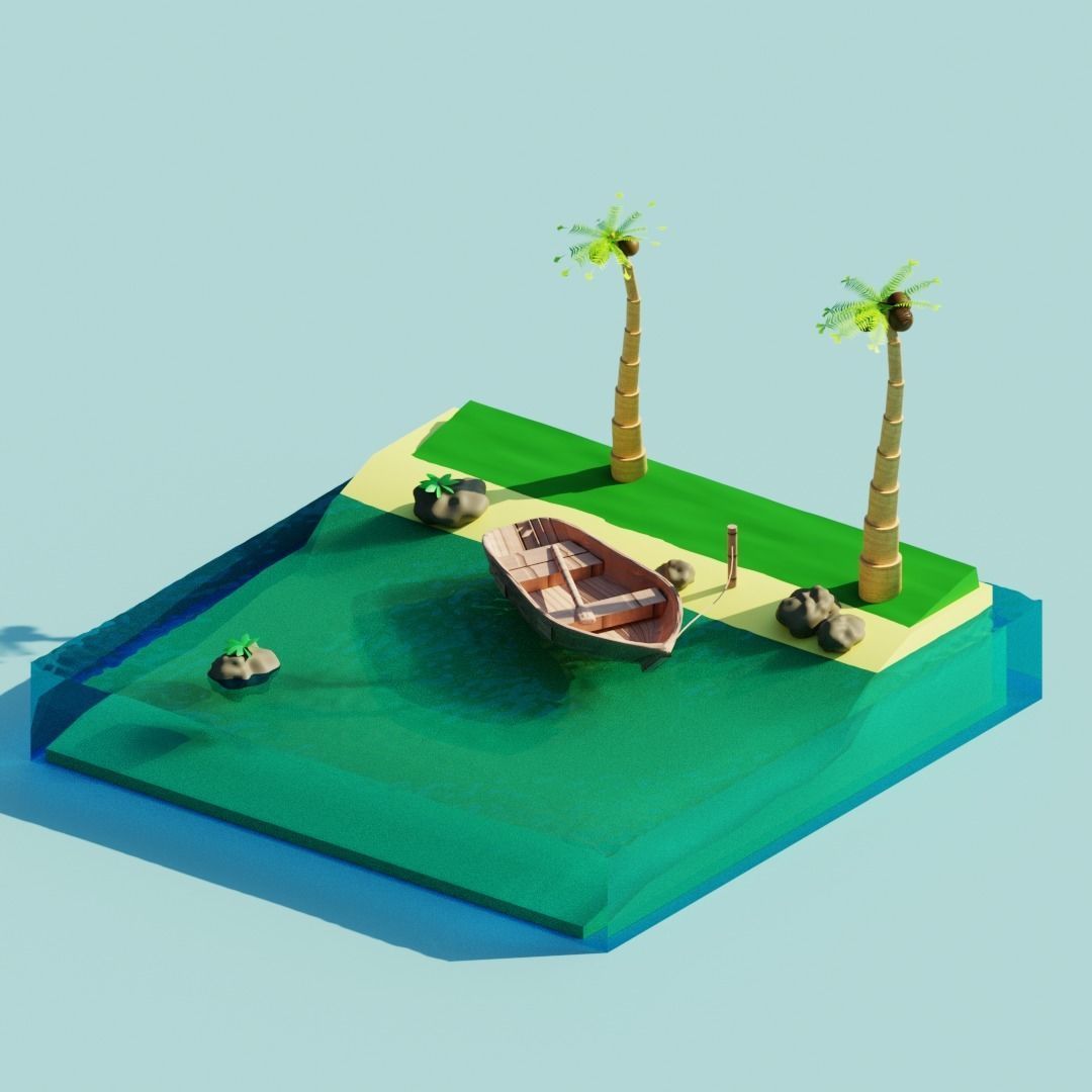 stylized ocean with boat and shore free 3D model 3D printable | CGTrader