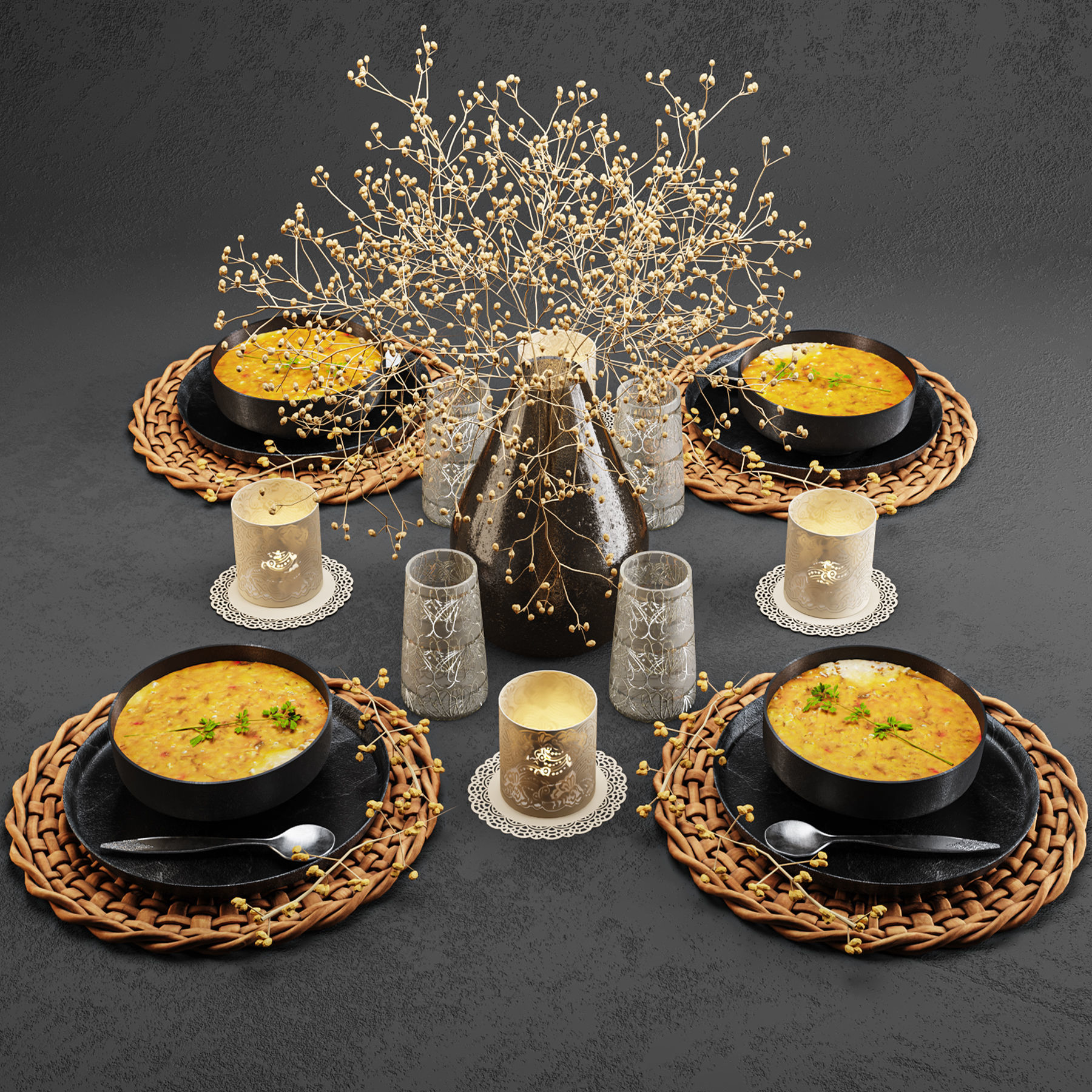Tableware001 table setting with bowls of soup and candles 3D model ...