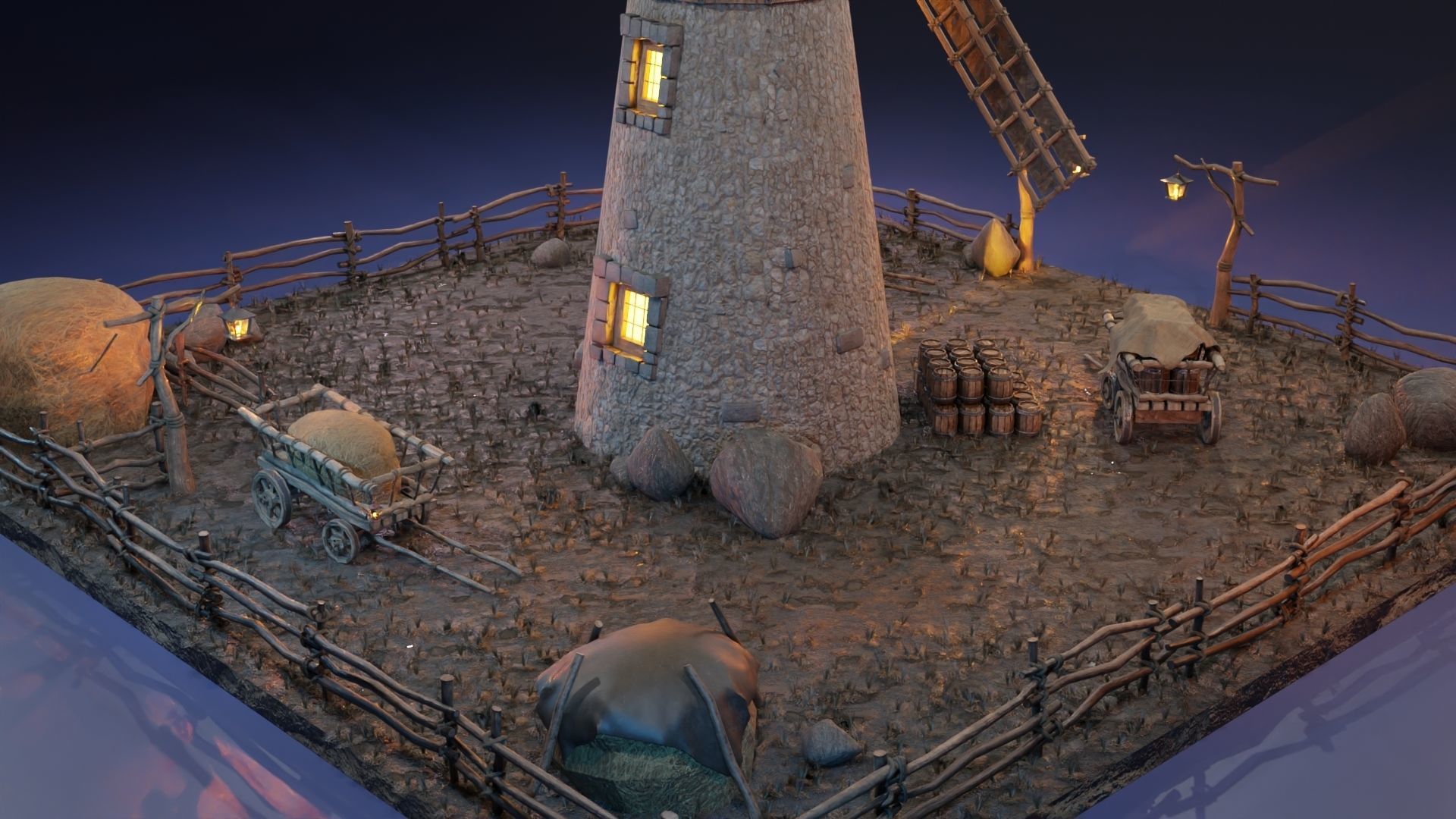 3D model Animated stylized medieval scene of a mill with props VR / AR ...