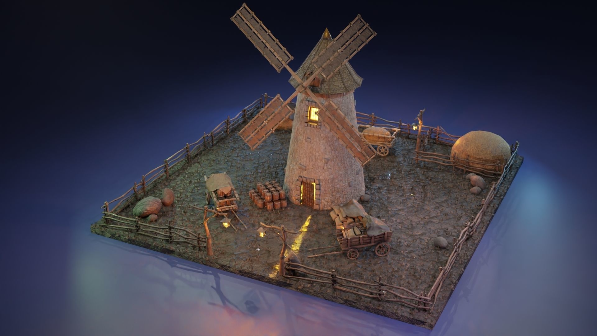 3D model Animated stylized medieval scene of a mill with props VR / AR ...
