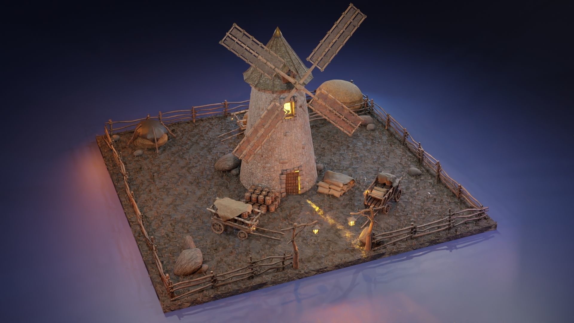3D model Animated stylized medieval scene of a mill with props VR / AR ...