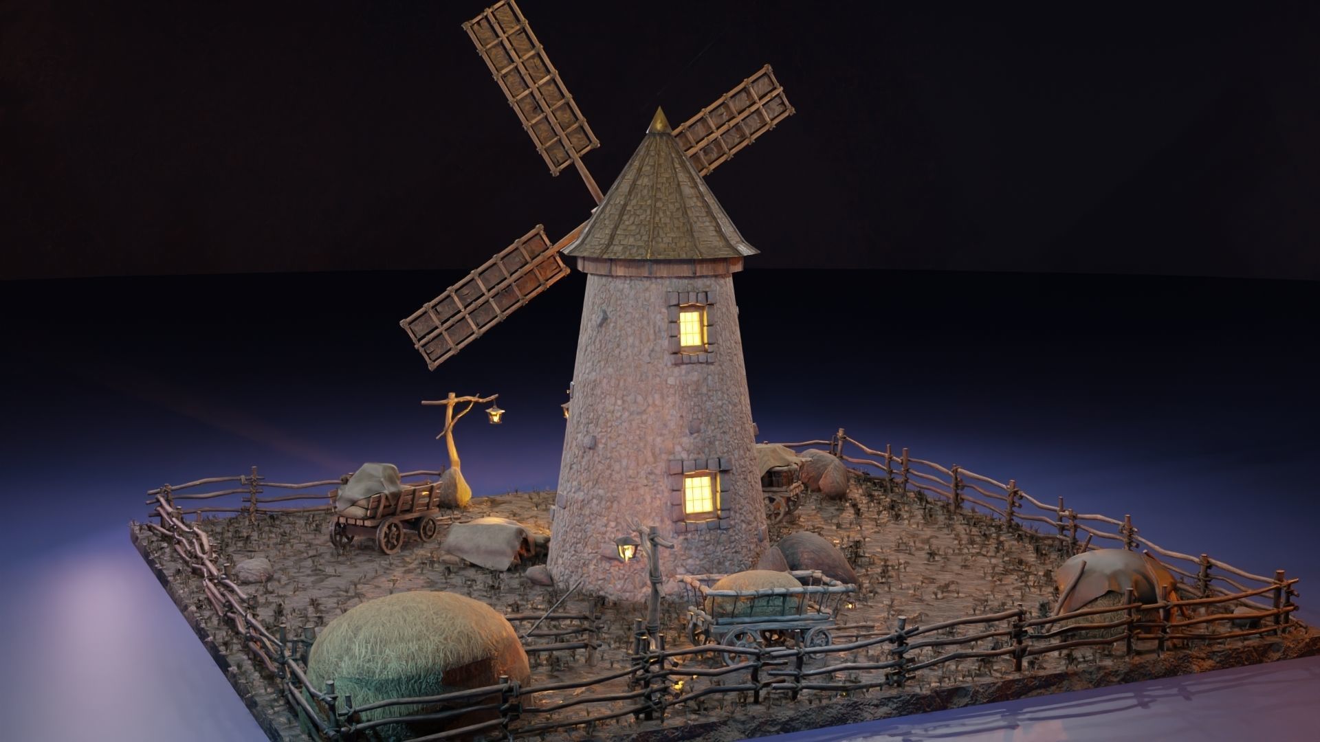 3D model Animated stylized medieval scene of a mill with props VR / AR ...