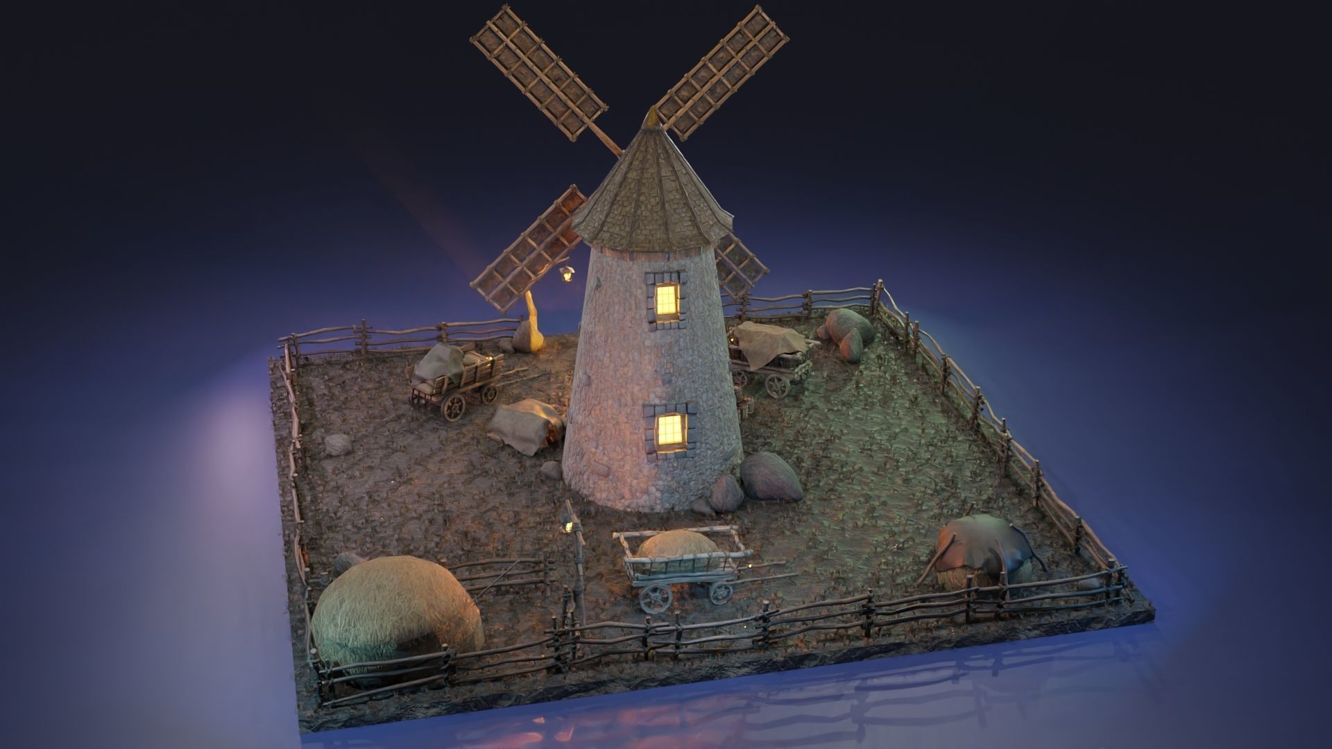 3D model Animated stylized medieval scene of a mill with props VR / AR ...