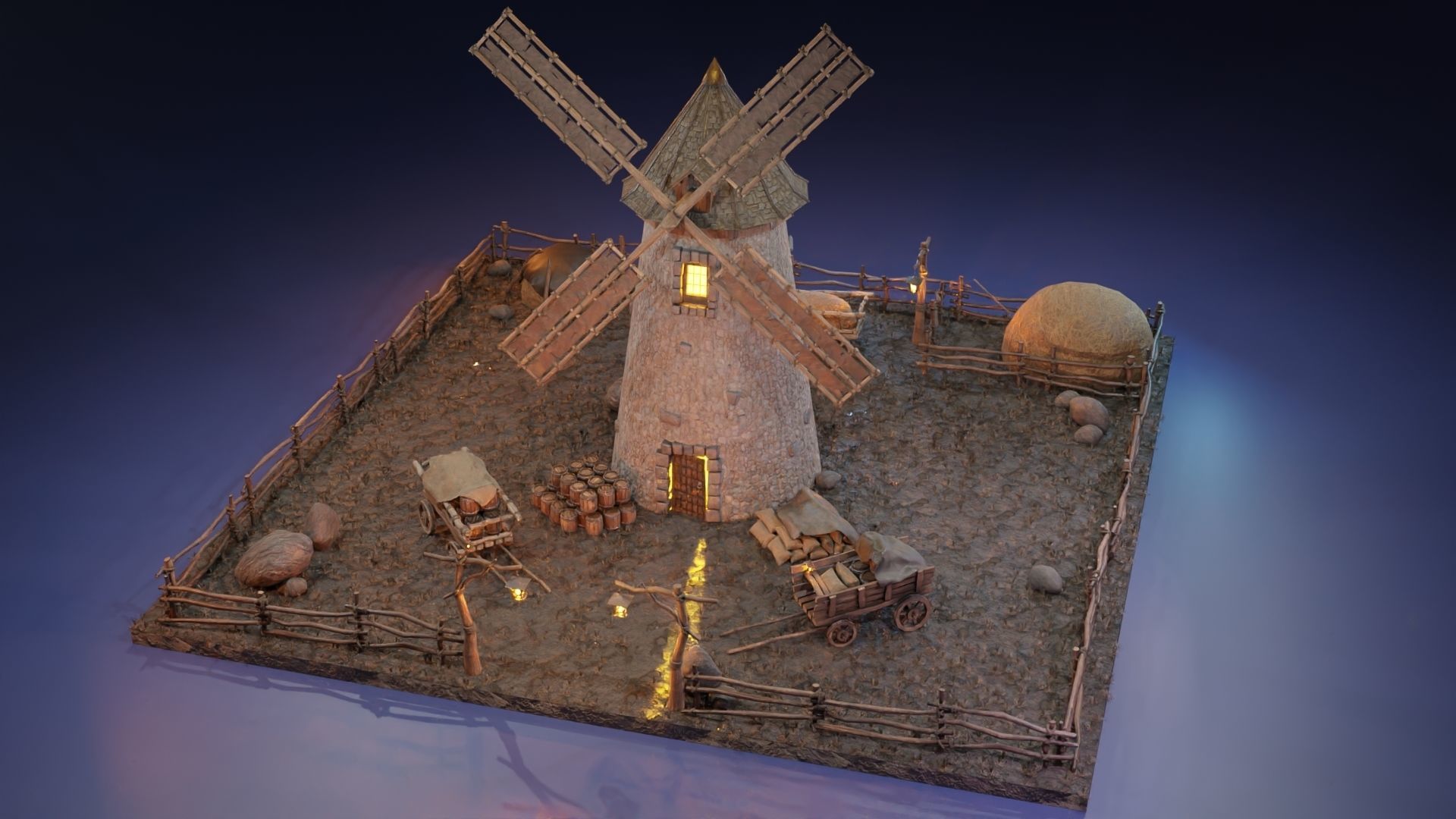 3D model Animated stylized medieval scene of a mill with props VR / AR ...