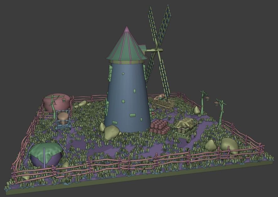 3D model Animated stylized medieval scene of a mill with props VR / AR ...