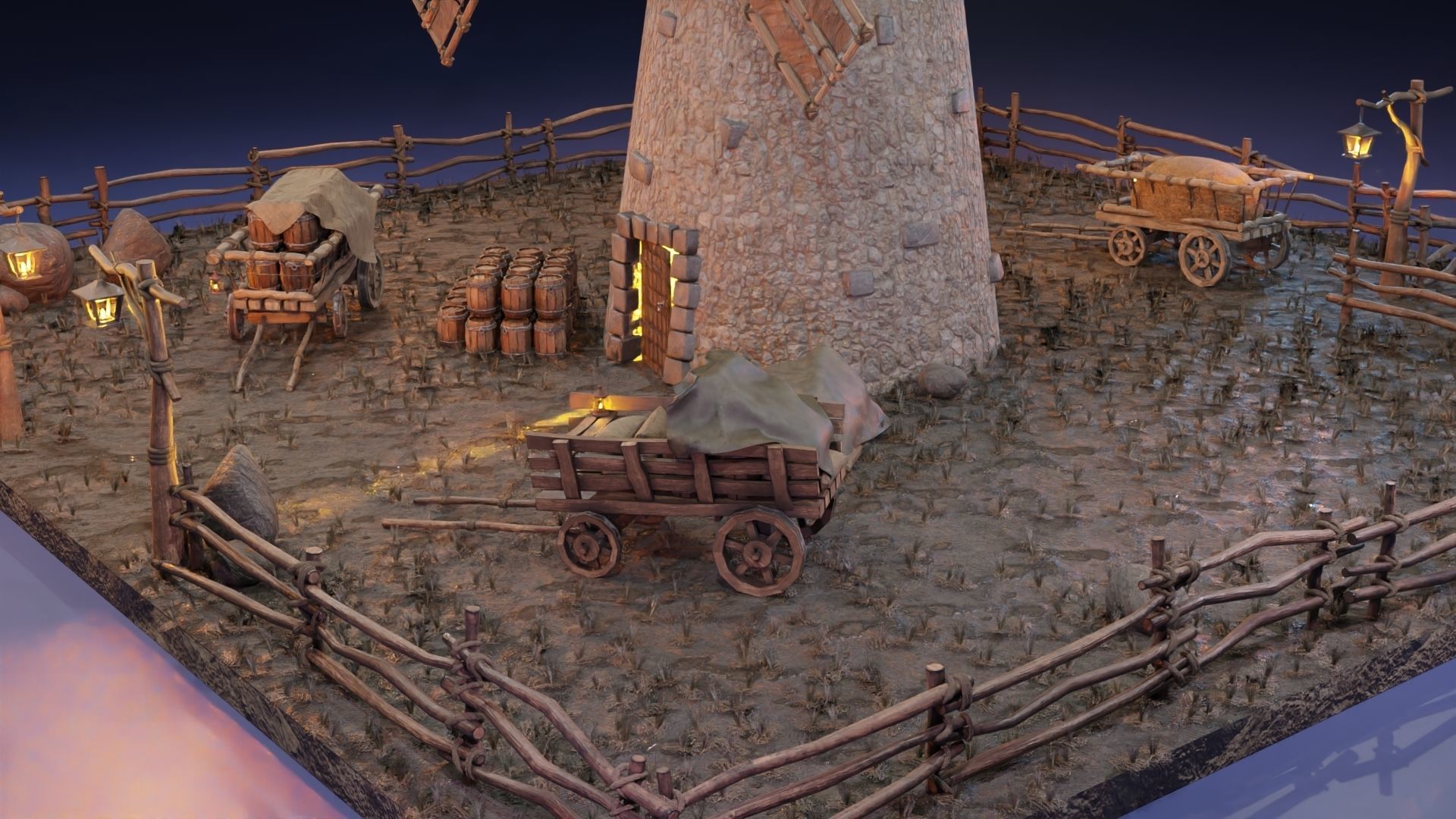 3D model Animated stylized medieval scene of a mill with props VR / AR ...