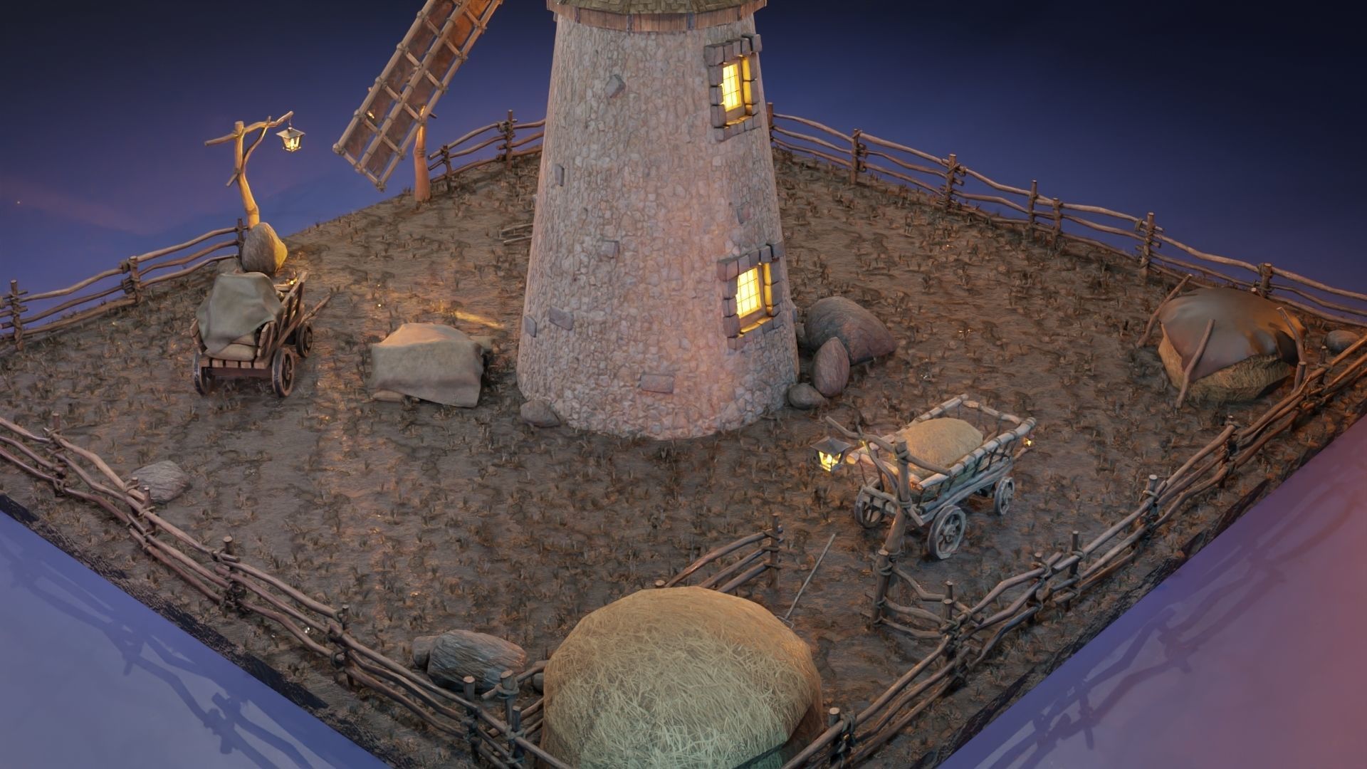 3D model Animated stylized medieval scene of a mill with props VR / AR ...