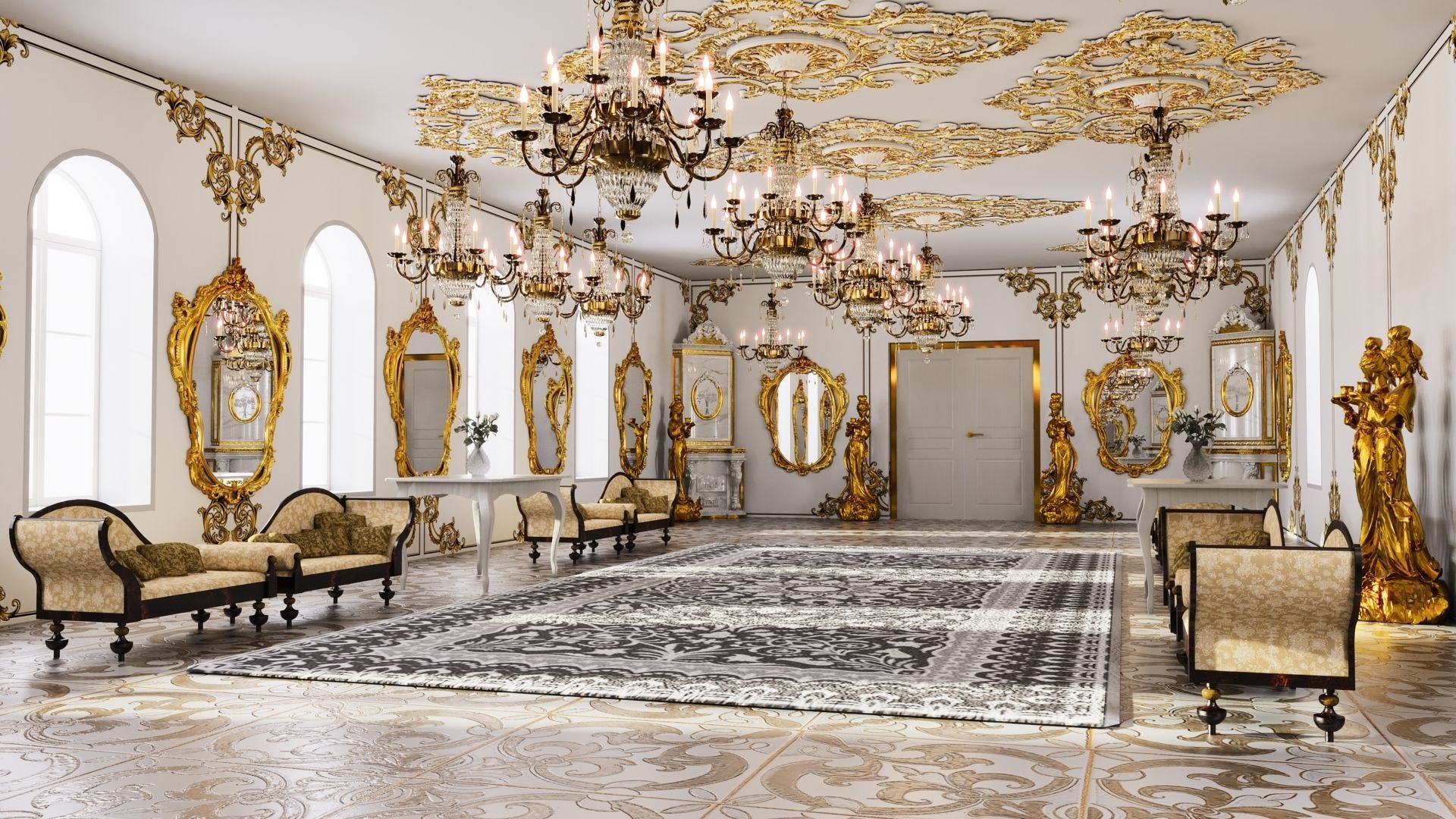 Golden mirror hall 3D model | CGTrader