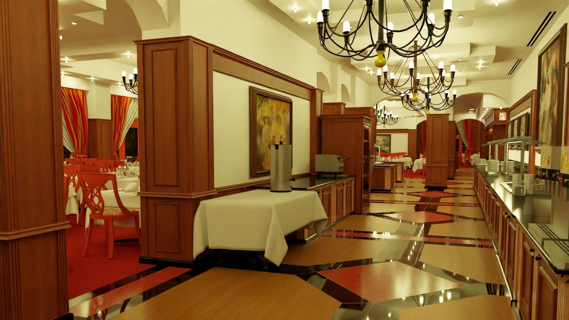 3D model Modular Buffet Resturant in a Hotel Interior Exterior VR / AR ...