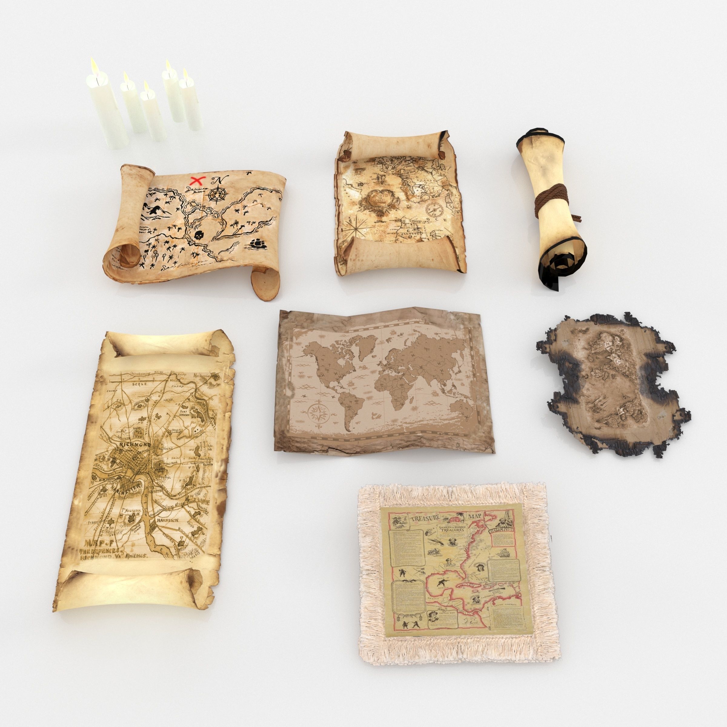 3D model Treasure Map Collection with Candles VR / AR / low-poly | CGTrader