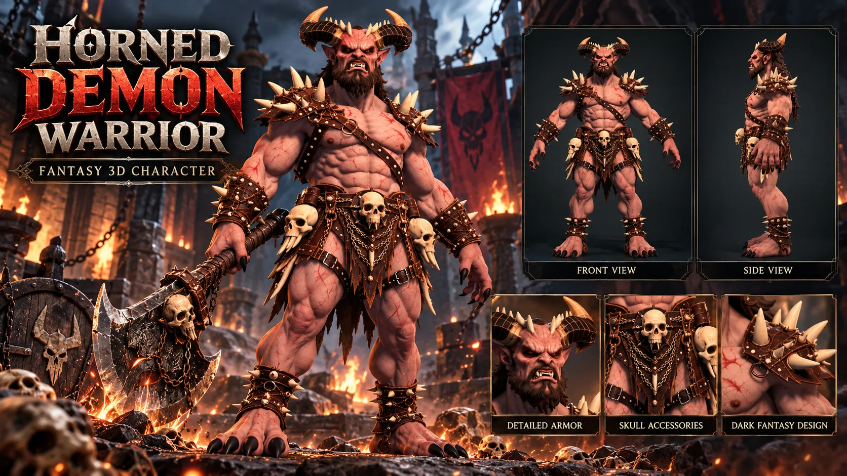 Fantasy Orc Warrior 3D Model Horned Demon Barbarian Character free VR ...