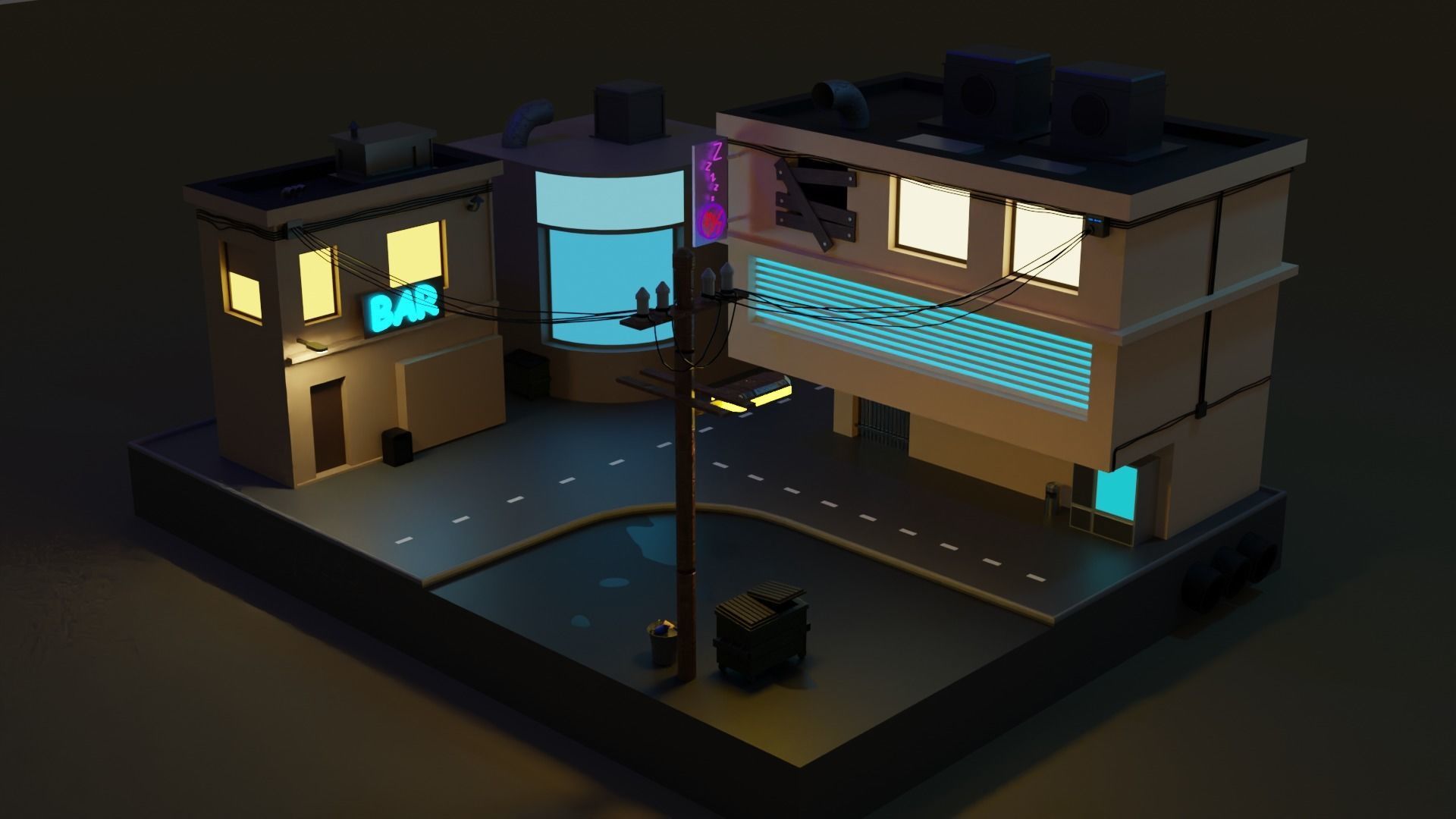 Low-poly street city at night with neon lights free VR / AR / low-poly ...