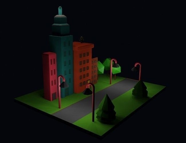 low poly street city with buildings and lights free 3D model | CGTrader