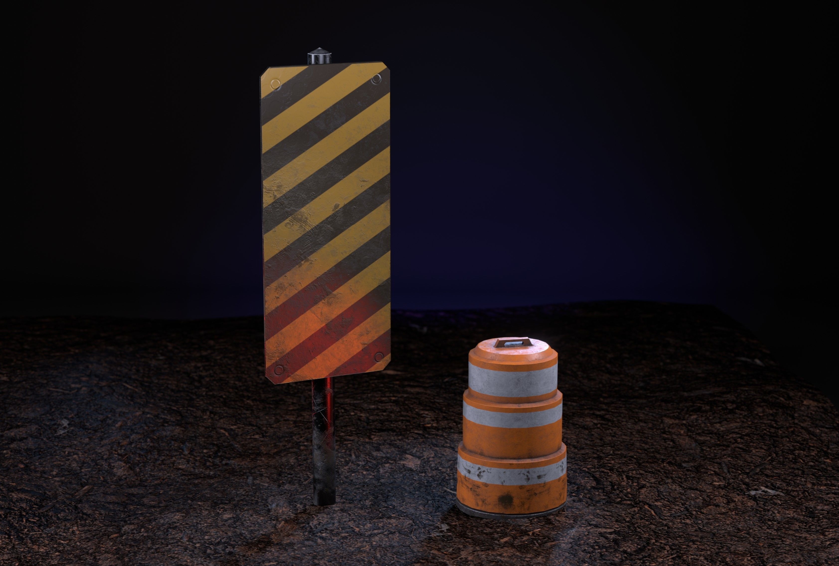3D model Beware black-yellow sign and orange cone gameready VR / AR ...