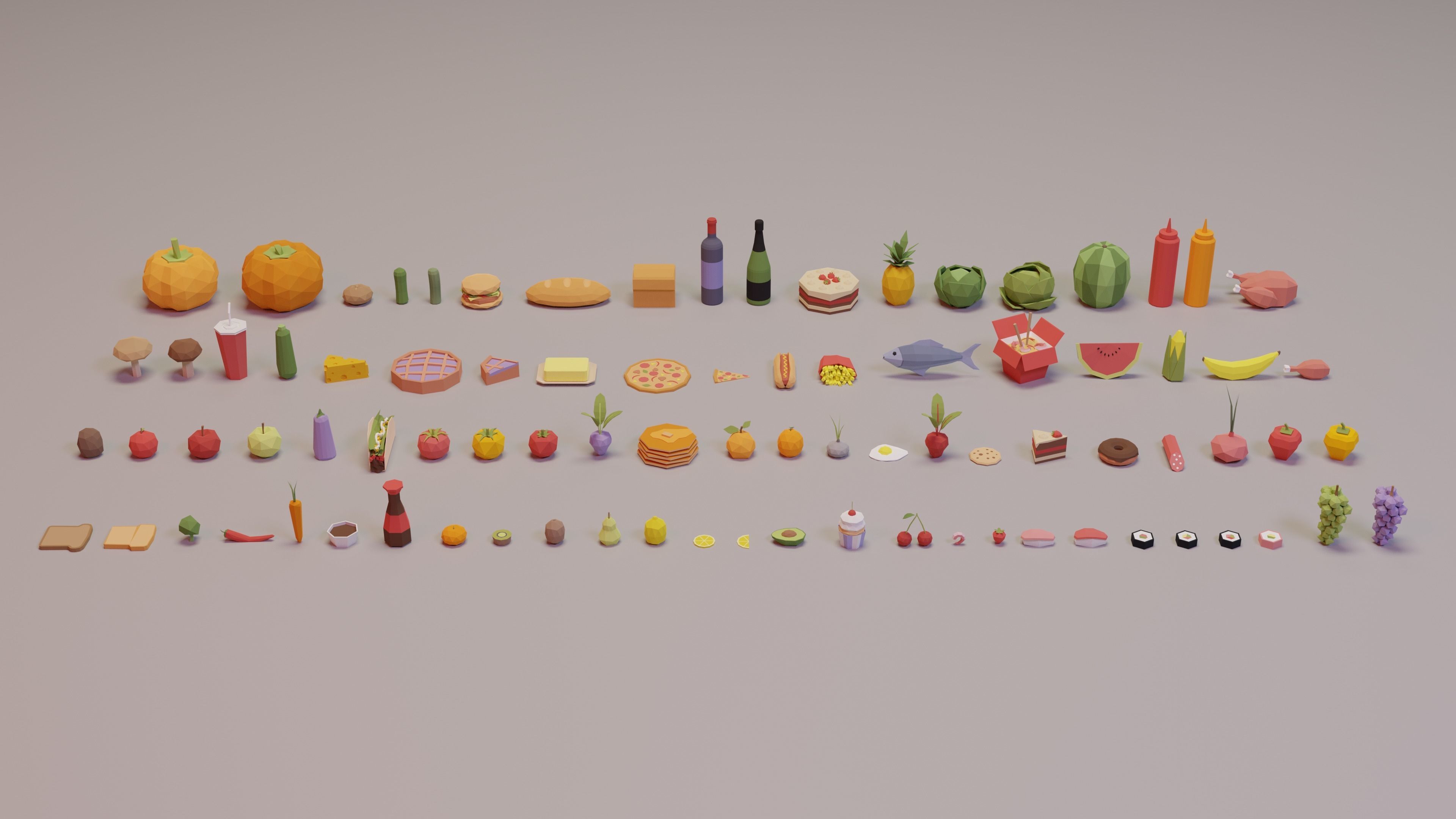 3D model Low Poly Food Collection with Fruits Vegetables Meat and ...