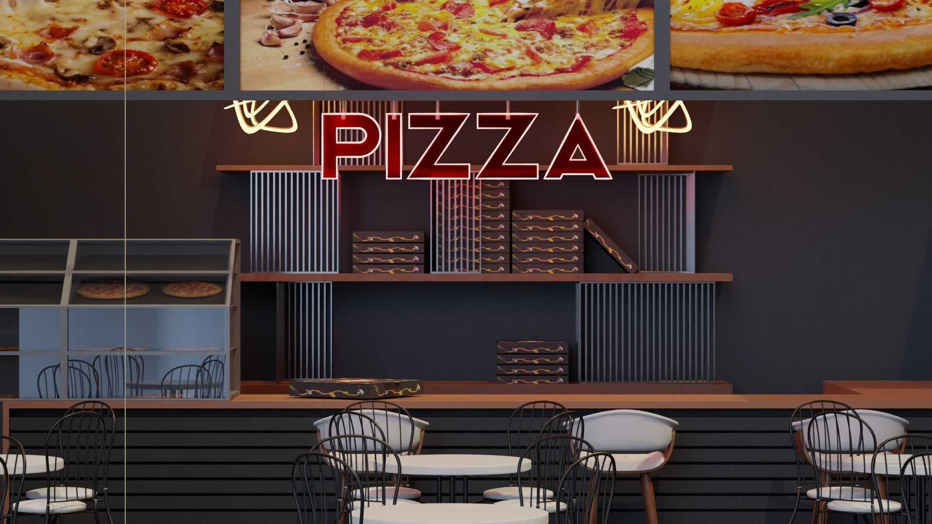 Pizza restaurant with tables and chairs 3D model | CGTrader