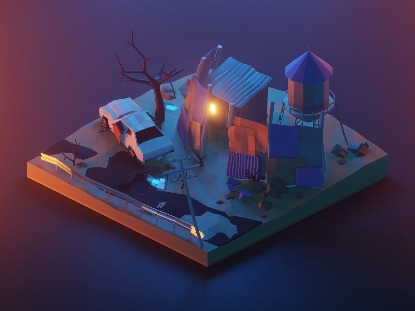 3D model fallout model with old car and old garage low poly model VR ...