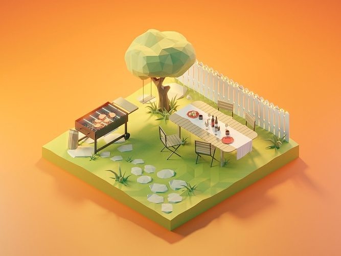3D model Barbecue low poly model render in blender VR / AR / low-poly ...