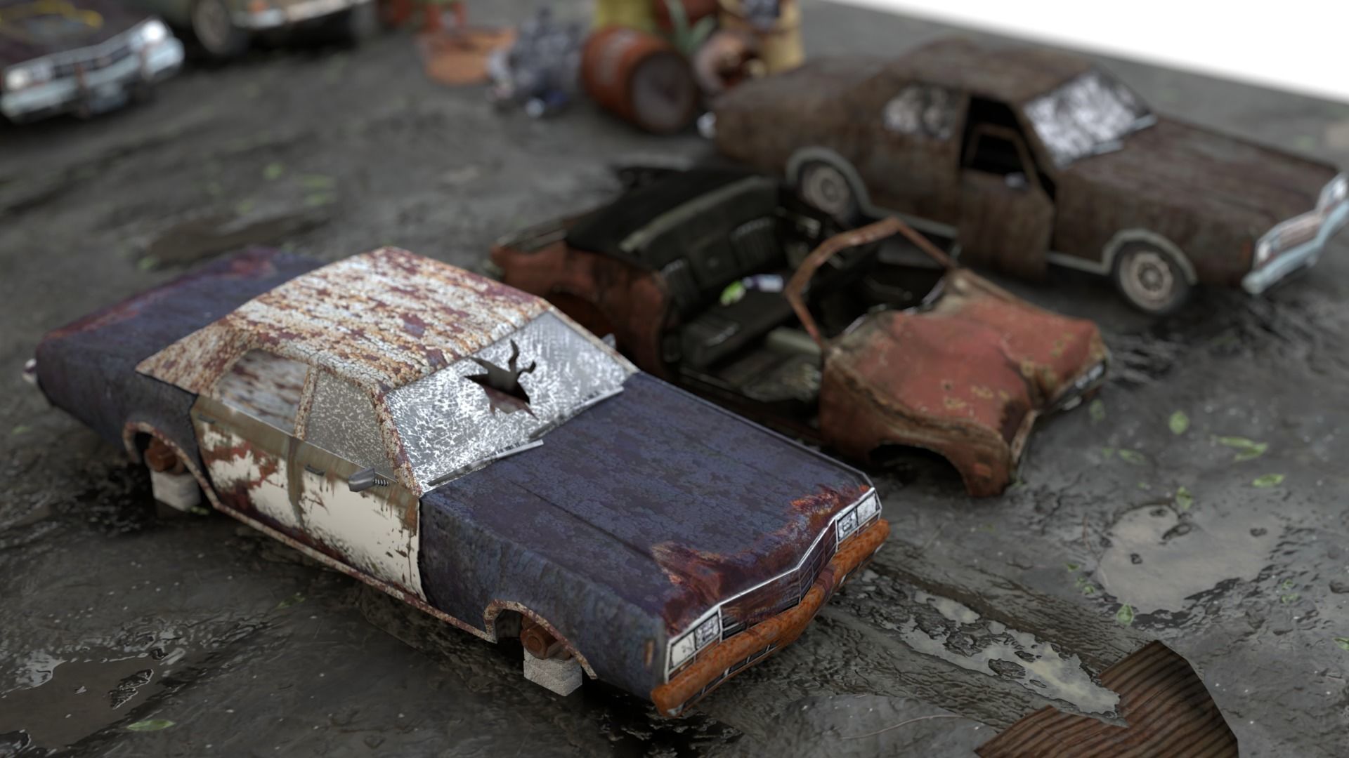 3D model Old Rusty cars in an abandoned parking lot pack VR / AR / low ...