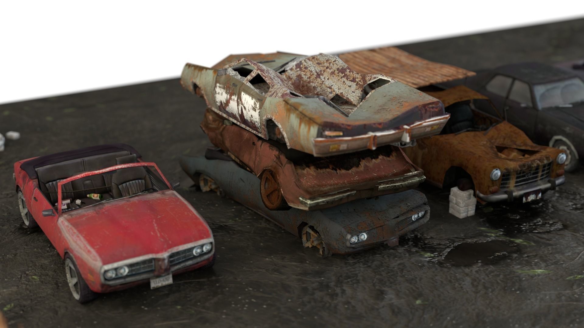 3D model Old Rusty cars in an abandoned parking lot pack VR / AR / low ...