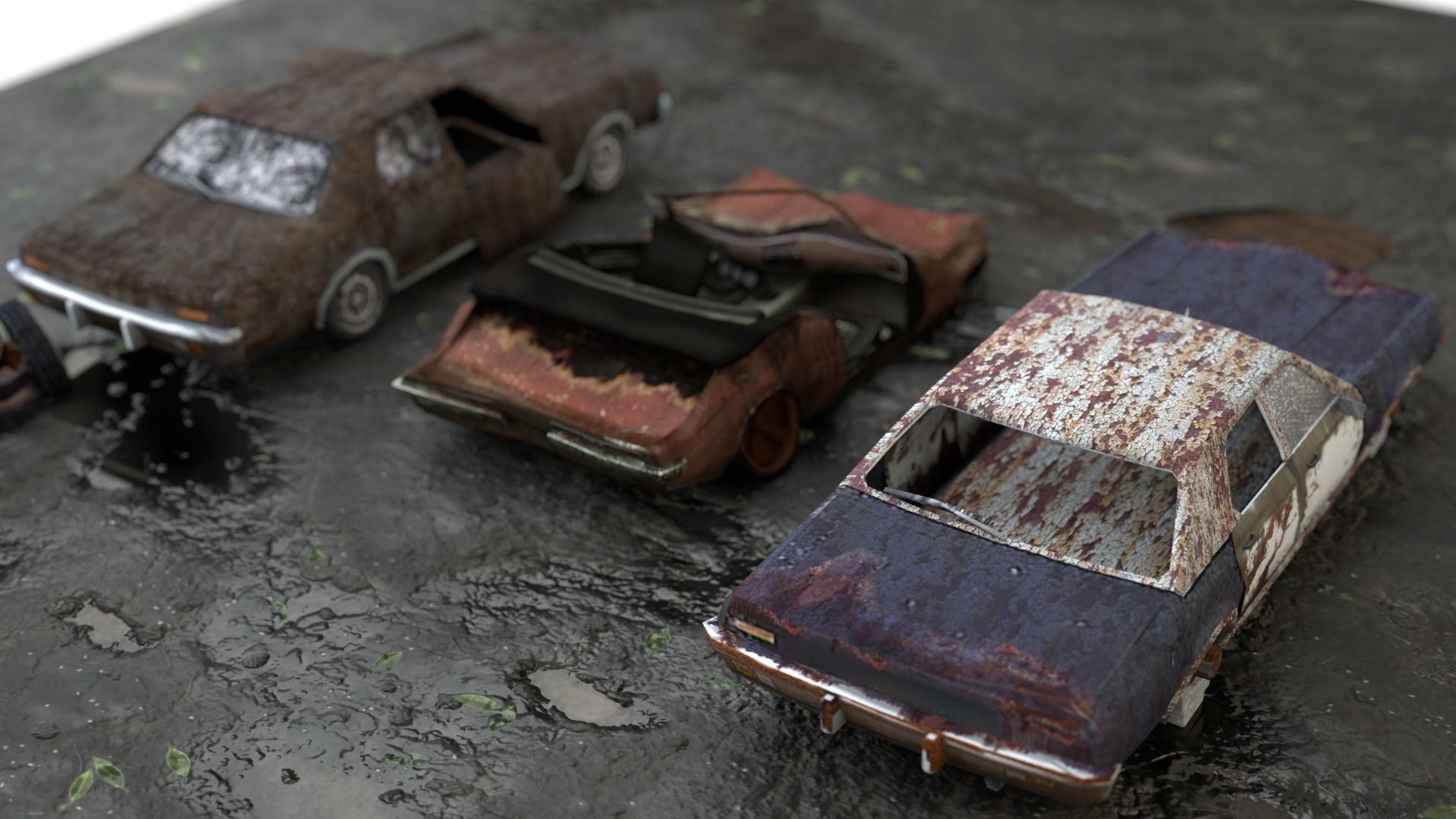 3D model Old Rusty cars in an abandoned parking lot pack VR / AR / low ...