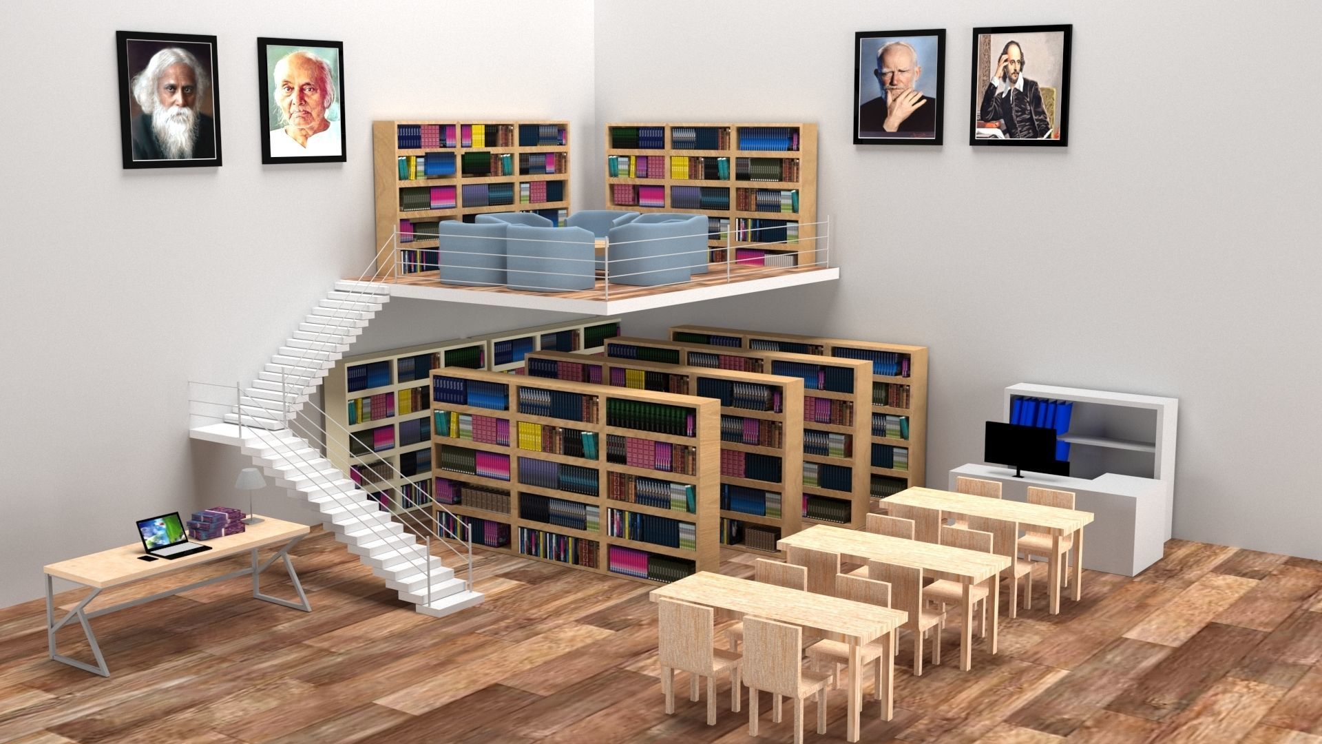 library with bookshelves and chairs 3D model | CGTrader