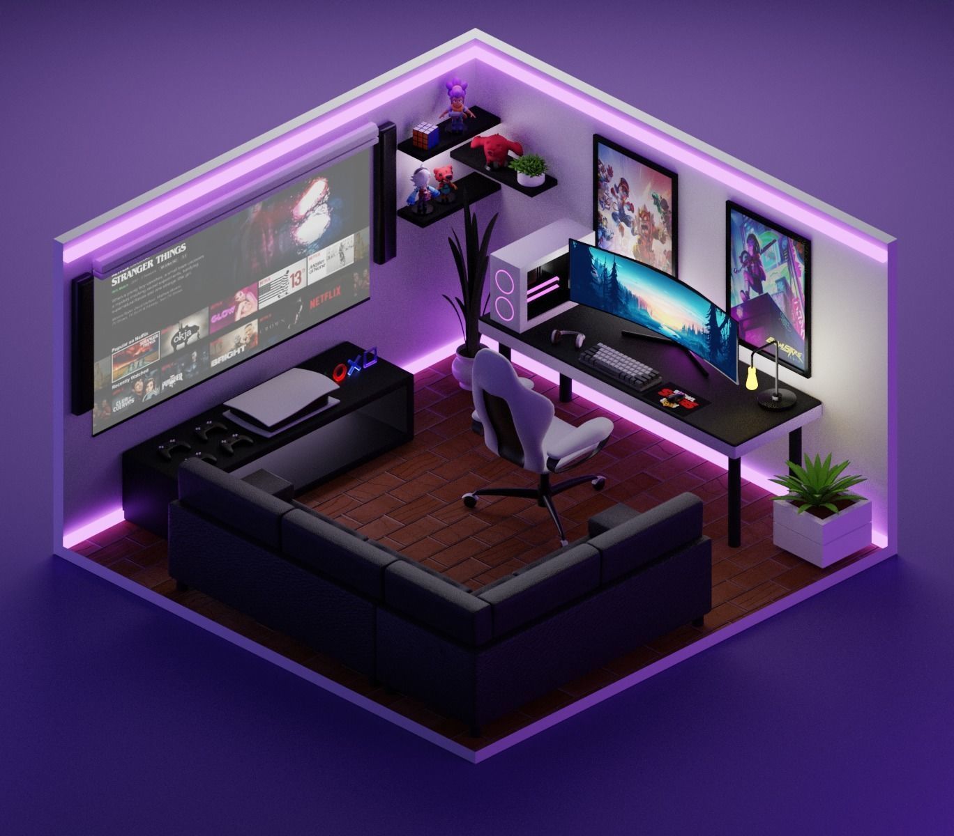 Low Poly gaming room free 3D model | CGTrader