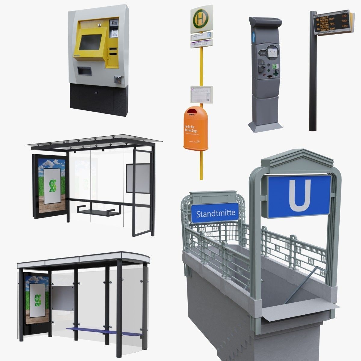 German Berlin Bus Stop Sign street elements pack 3D model | CGTrader