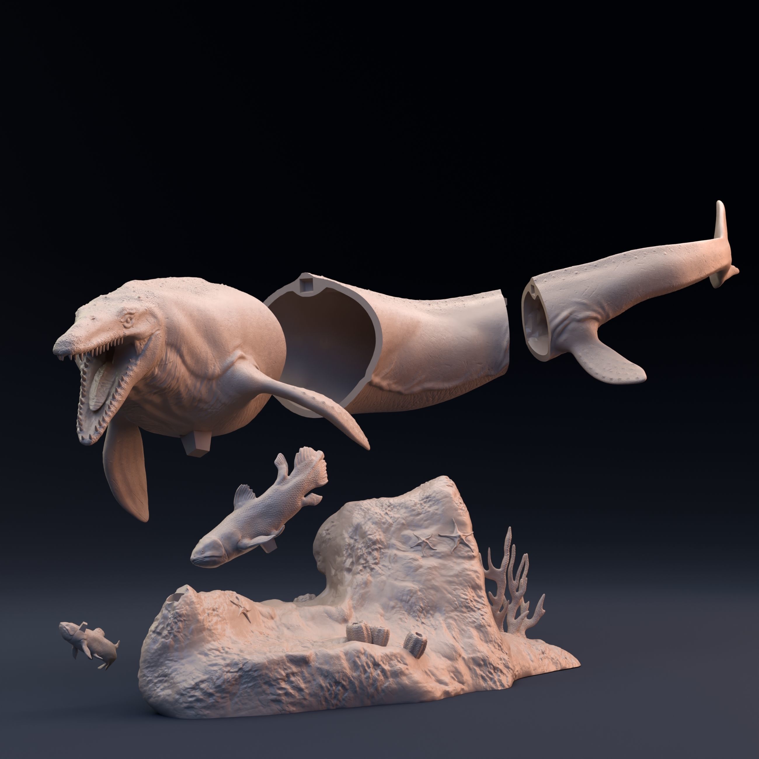Mosasaur hunting Coelacanth 3D model 3D printable | CGTrader