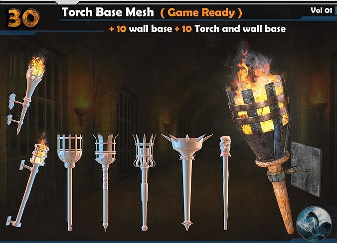 3D model 30 Torch Base Mesh Game Ready 10 wall base VR / AR / low-poly ...
