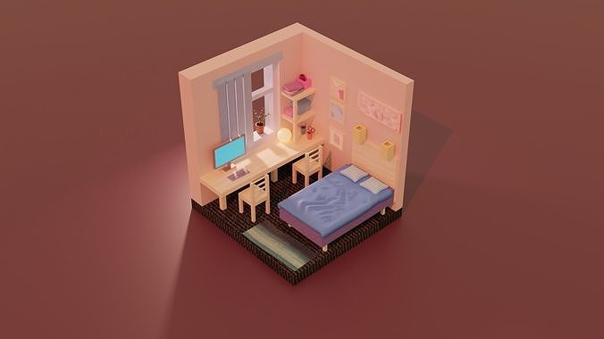 3D model Low-poly bedroom room with bed and desk VR / AR / low-poly ...