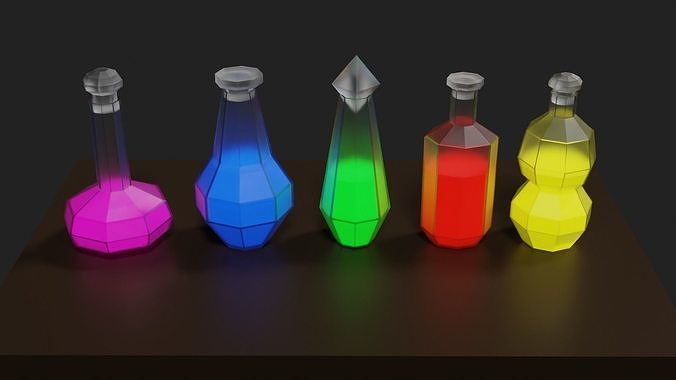 3D model Lowpoly Potion Set of colored bottles on table VR / AR / low ...