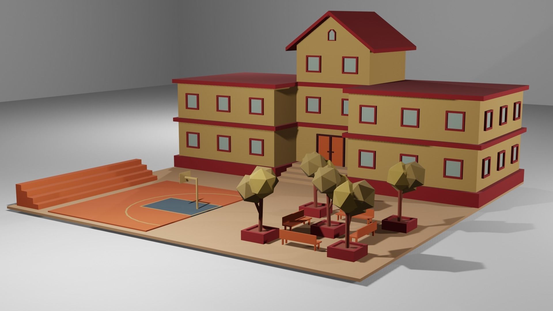 3D model Low Poly School house with trees VR / AR / low-poly | CGTrader