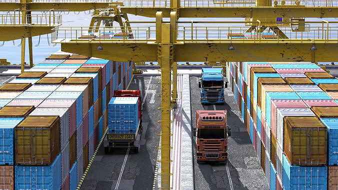 wharf container terminal with trucks and containers 3D model | CGTrader