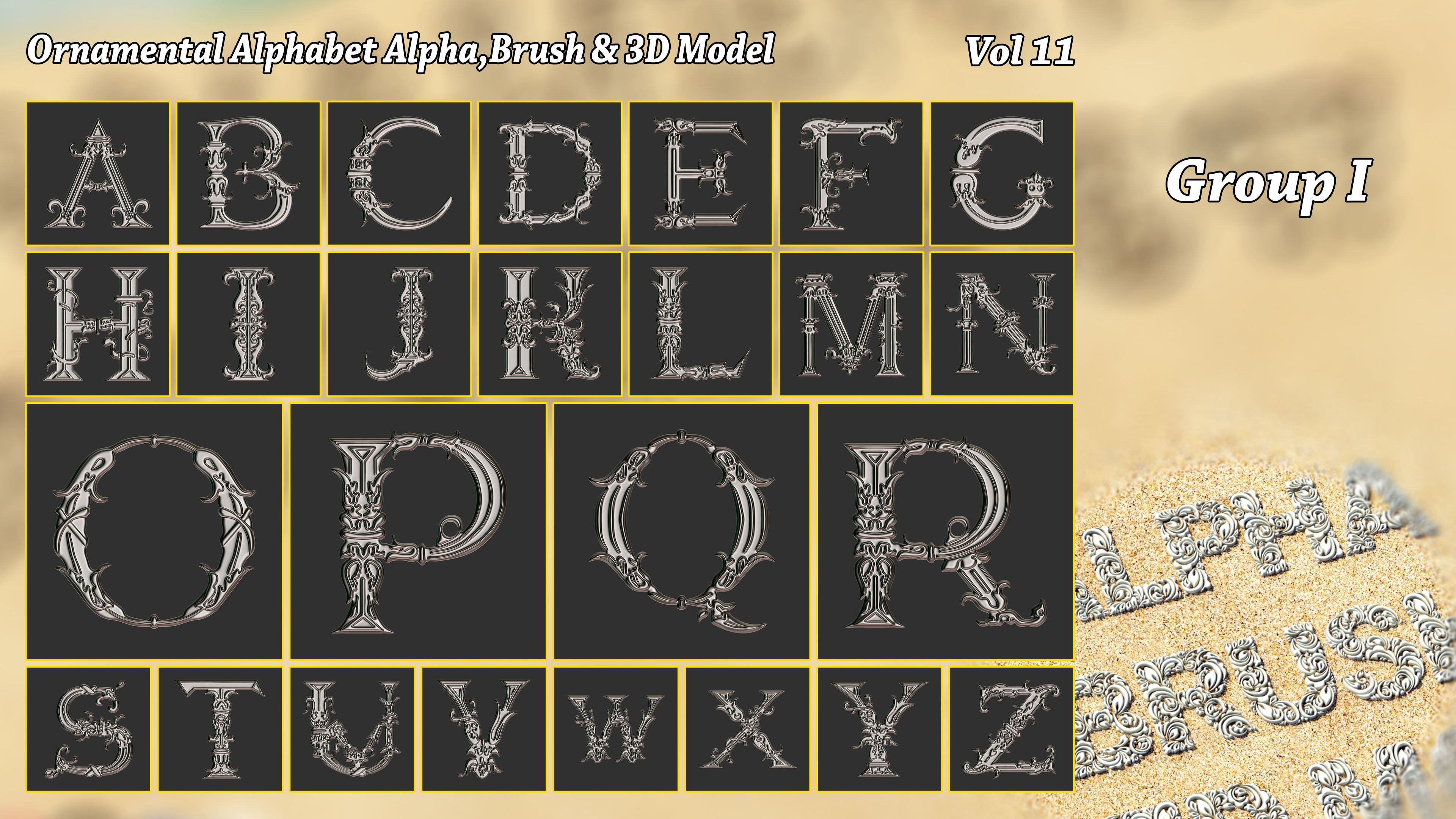 Ornamental Alphabet Brush Alpha and 3D Model Vol 11 3D model | CGTrader