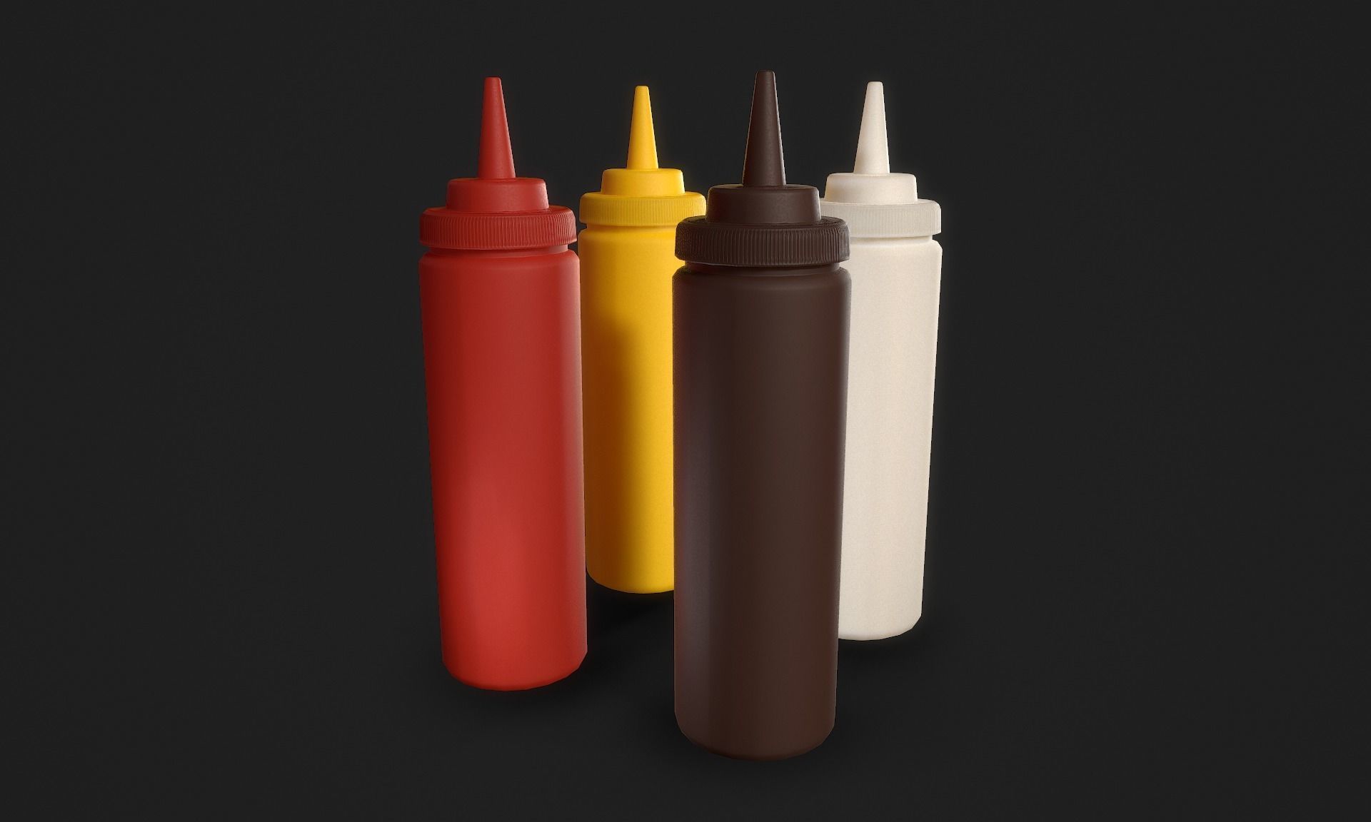 3D model Condiment Squeeze Bottles Mustard Ketchup Brown and Mayo VR ...