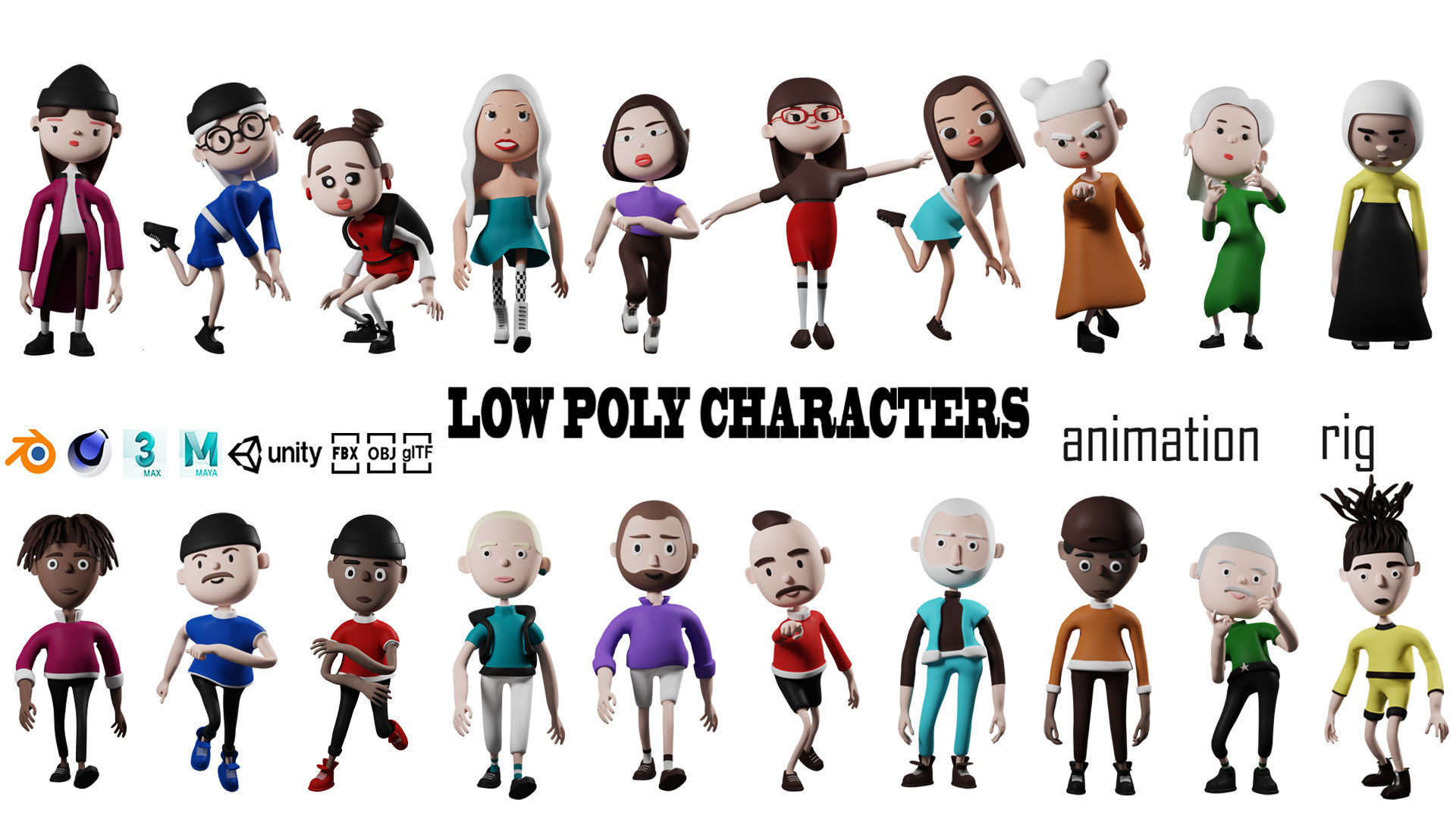 3D model Low poly cartoon characters 1 02 pack 3d model VR / AR / low ...